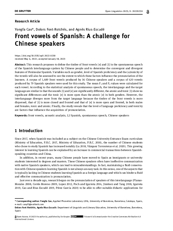 (PDF) Front vowels of Spanish: A challenge for Chinese speakers
