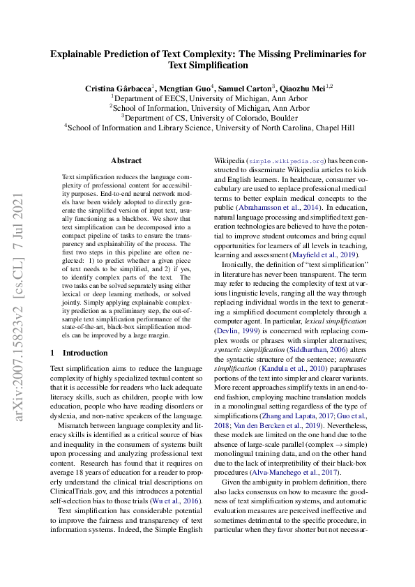 (PDF) Explainable Prediction of Text Complexity: The Missing Preliminaries for Text Simplification