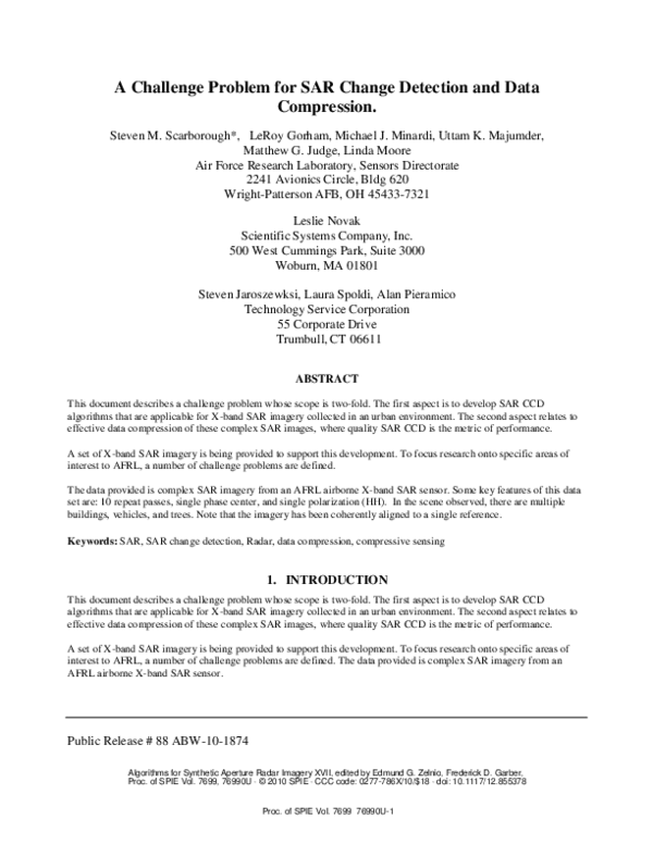 (PDF) A challenge problem for SAR change detection and data compression | Michael Minardi ...