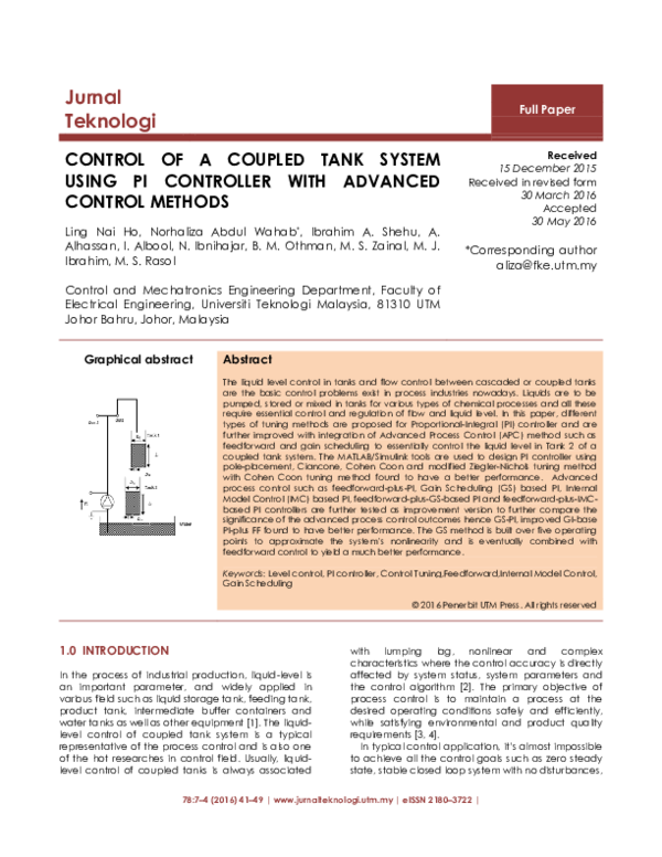 Pdf Control Of A Coupled Tank System Using Pi Controller With Advanced Control Methods