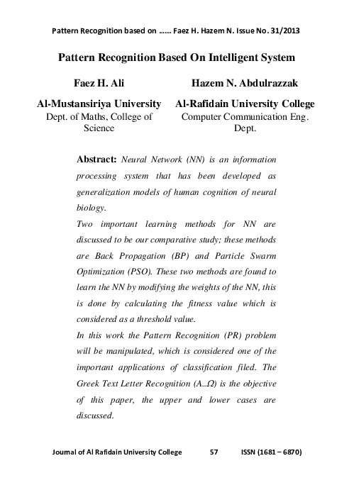 (PDF) Pattern Recognition Based On Intelligent System