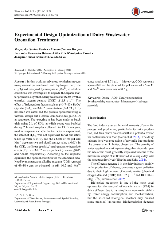 (PDF) Experimental Design Optimization of Dairy Wastewater Ozonation ...
