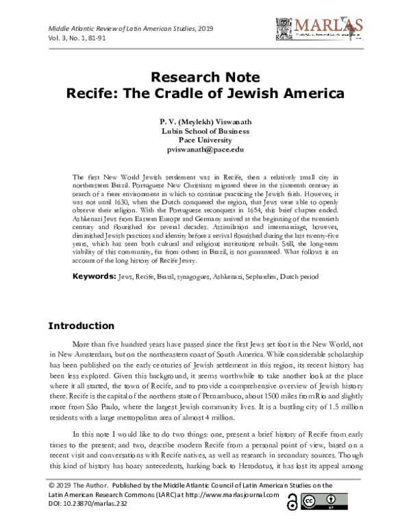(PDF) Recife: The Cradle of Jewish America