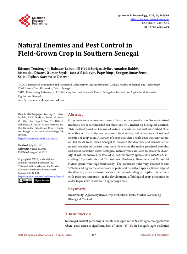 (PDF) Natural Enemies and Pest Control in Field-Grown Crop in Southern ...