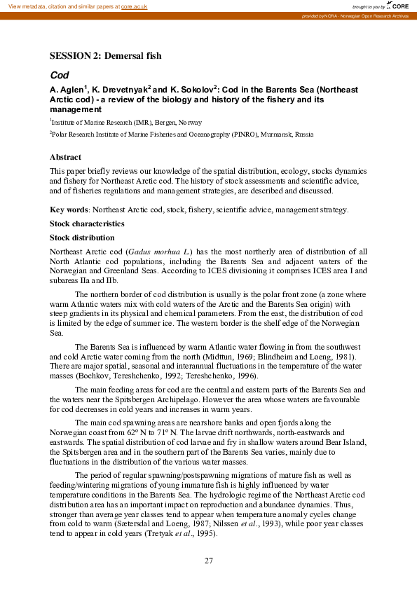 (PDF) Cod in the Barents Sea (North-East arctic cod) : a review of the ...