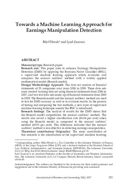 (PDF) Towards a Machine Learning Approach for Earnings Manipulation ...