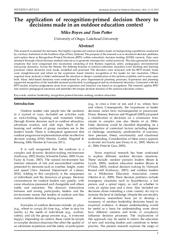 (PDF) The application of recognition-primed decision theory to ...