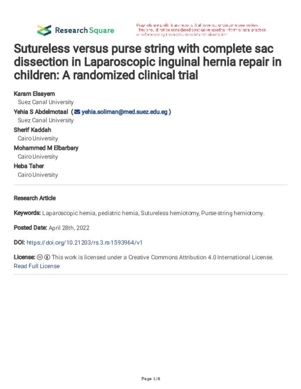 (PDF) Sutureless versus purse string with complete sac dissection in ...