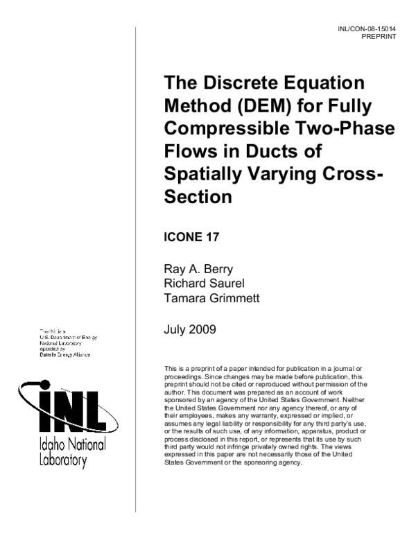 (PDF) The discrete equation method (DEM) for fully compressible, two-phase flows in ducts of ...