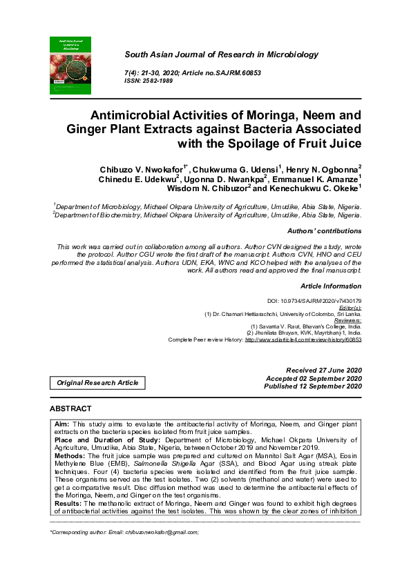 (PDF) Antimicrobial Activities of Moringa, Neem and Ginger Plant Extracts against Bacteria ...