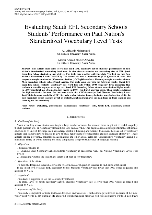 (PDF) Evaluating Saudi EFL Secondary Schools Students' Performance on Paul Nation's Standardized ...