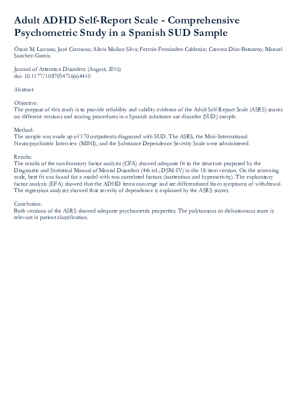 (PDF) Adult ADHD Self-Report Scale: Comprehensive Psychometric Study in ...