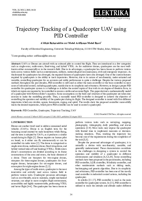 (PDF) Trajectory Tracking of a Quadcopter UAV using PID Controller