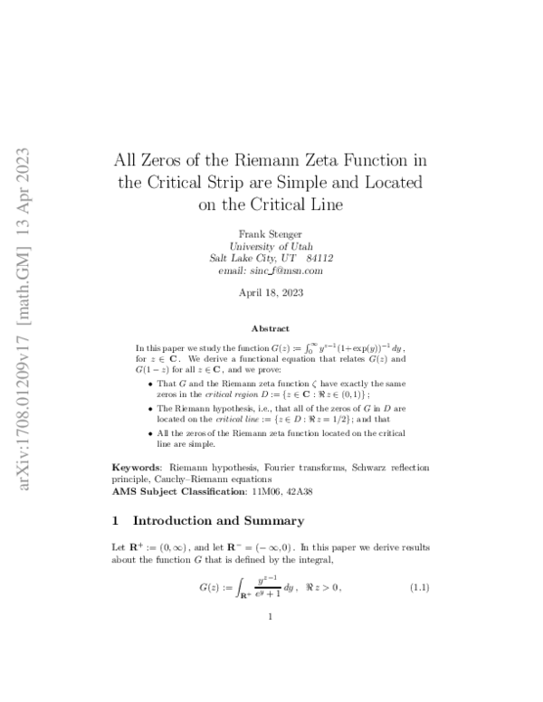 (PDF) Proof of the Riemann hypothesis | Frank Stenger - Academia.edu