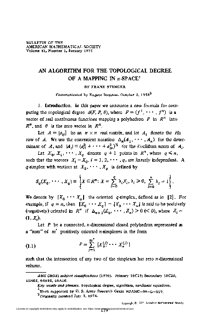 Pdf An Algorithm For The Topological Degree Of A Mapping In N Space 2310