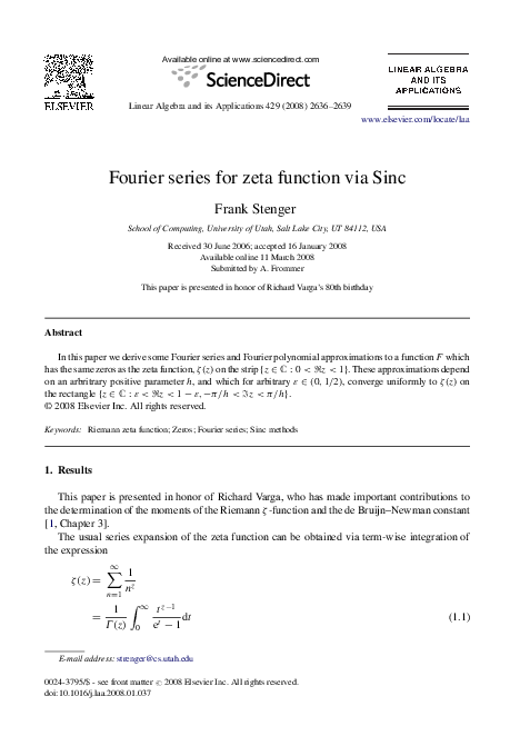(PDF) Fourier series for zeta function via Sinc