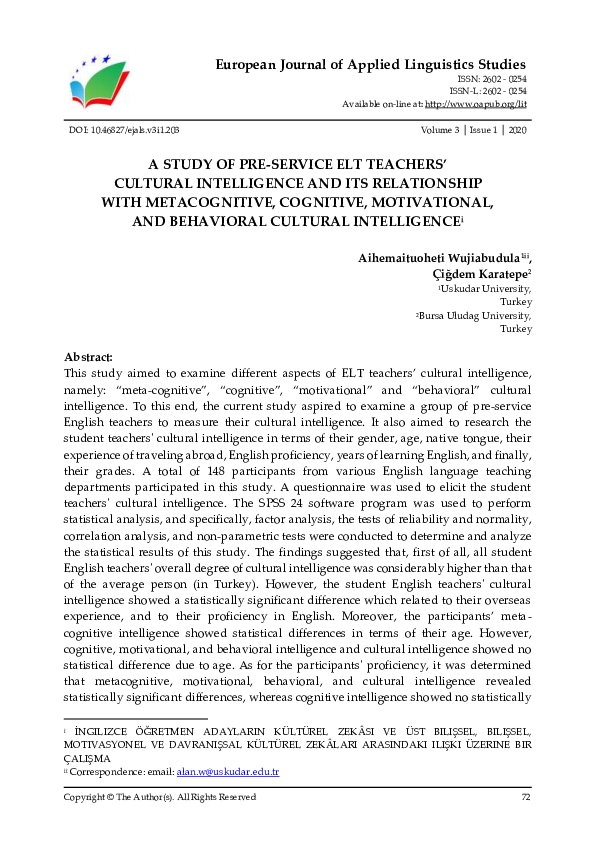 (PDF) A Study of Pre-Service Elt Teachers’ Cultural Intelligence and Its Relationship with ...