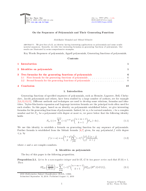 (PDF) On the sequences of polynomials and their generating functions | Abdelkader Messahel ...