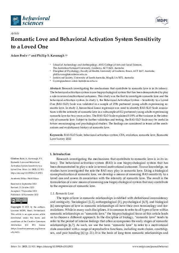 (PDF) Romantic love and behavioral activation system sensitivity to a ...