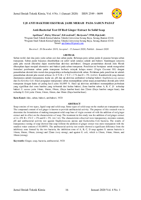 (PDF) Uji Anti Bakteri Ekstrak Jahe Merah Pada Sabun Padat