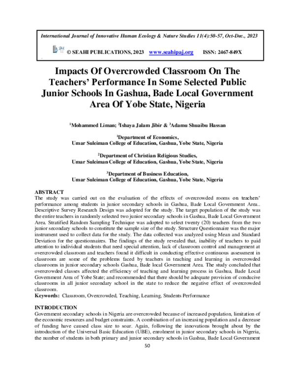(PDF) Impacts Of Overcrowded Classroom On The Teachers’ Performance In Some Selected Public ...