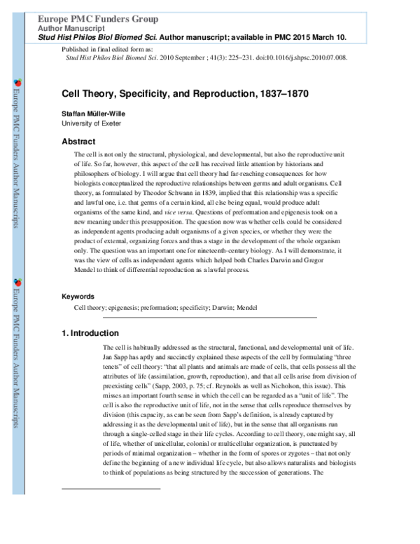 (PDF) Cell theory, specificity, and reproduction, 1837–1870