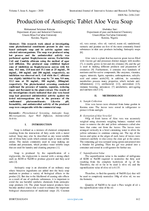 (PDF) Production of Antiseptic Tablet Aloe Vera Soap | Abubakar Sani ...