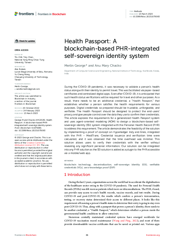 (PDF) Health Passport: A blockchain-based PHR-integrated self-sovereign identity system