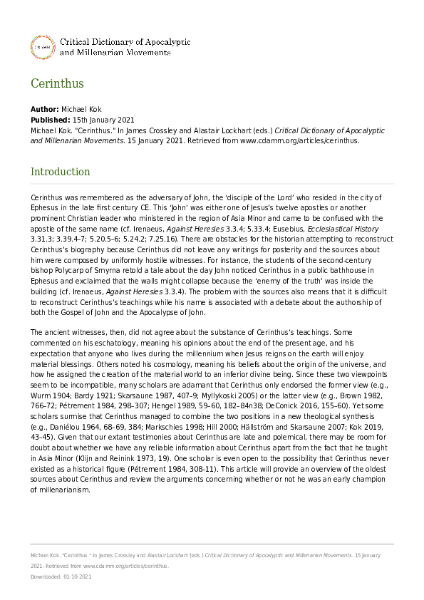 (PDF) "Cerinthus." In James Crossley and Alastair Lockhart (eds ...