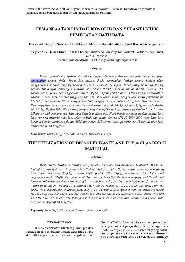 (PDF) Pemanfaatan Limbah Biosolid Dan Fly Ash Untuk Pembuatan Batu Bata