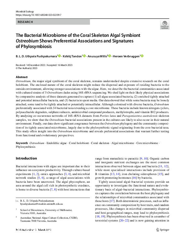 (PDF) The bacterial microbiome of the coral skeleton algal symbiontOstreobiumshows preferential ...