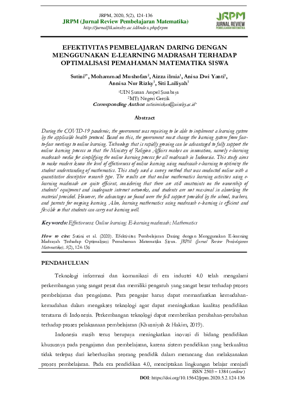 (PDF) Efektivitas Pembelajaran Daring dengan Menggunakan E-learning Madrasah Terhadap ...