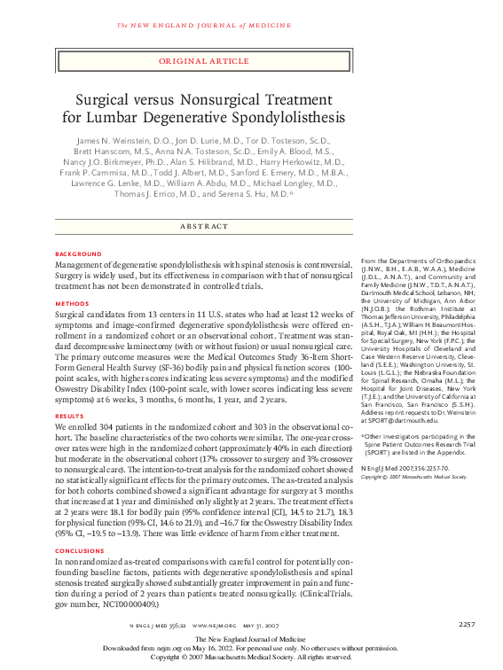 (PDF) Surgical versus Nonsurgical Treatment for Lumbar Degenerative Spondylolisthesis