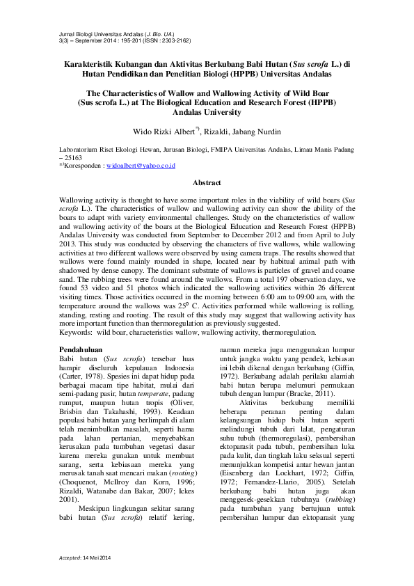 (PDF) Karakteristik Kubangan dan Aktivitas Berkubang Babi Hutan (Sus ...