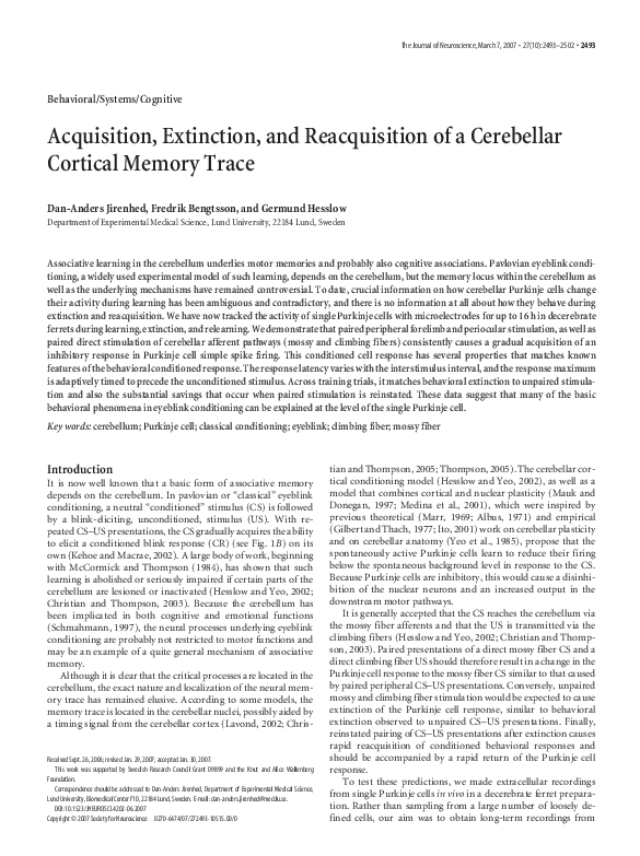 (PDF) Acquisition, Extinction, and Reacquisition of a Cerebellar ...