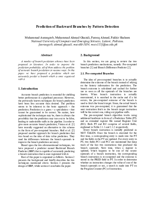 Pdf Prediction Of Backward Branches By Pattern Detection