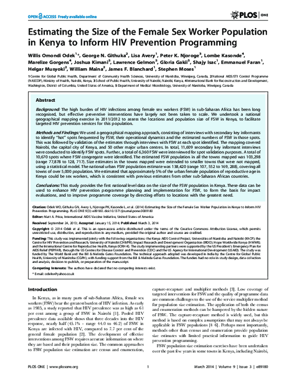 Pdf Estimating The Size Of The Female Sex Worker Population In Kenya To Inform Hiv Prevention