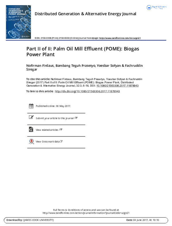 (PDF) Part II of II: Palm Oil Mill Effluent (POME): Biogas Power Plant