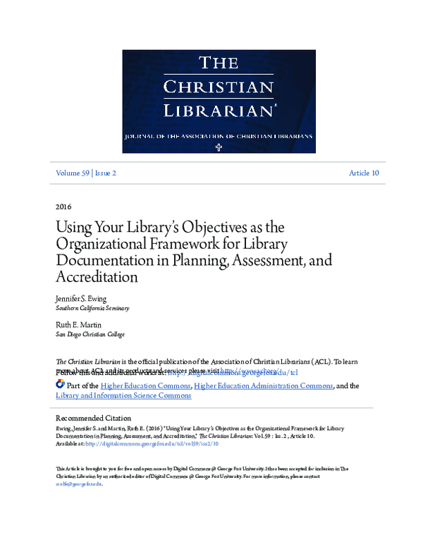 (PDF) Using Your Library’s Objectives as the Organizational Framework ...