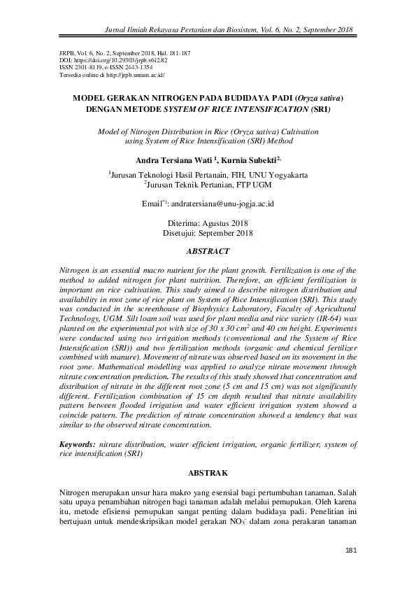 (PDF) MODEL GERAKAN NITROGEN PADA BUDIDAYA PADI (Oryza sativa) DENGAN ...