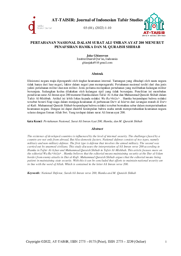 (PDF) Pertahanan Nasional Dalam Surat Ali ‘Imran Ayat 200 Menurut ...