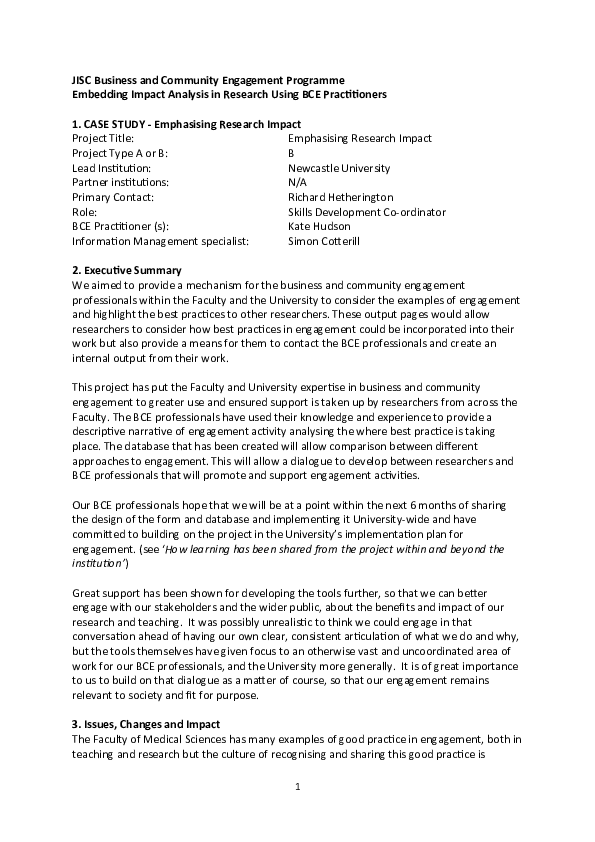 (DOC) Case Study, Embedding Research Impact round 2: Newcastle University