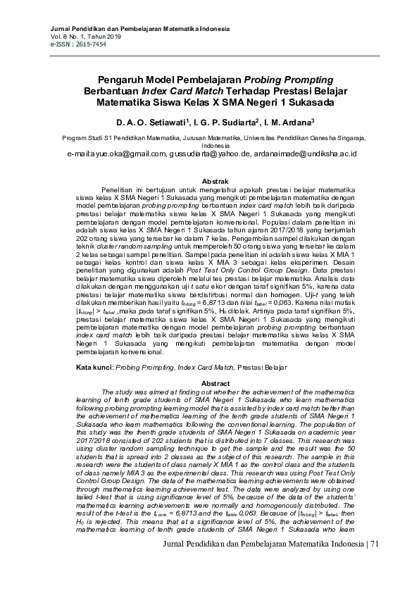 (PDF) Pengaruh Model Pembelajaran Probing Prompting Berbantuan Index Card Match Terhadap ...