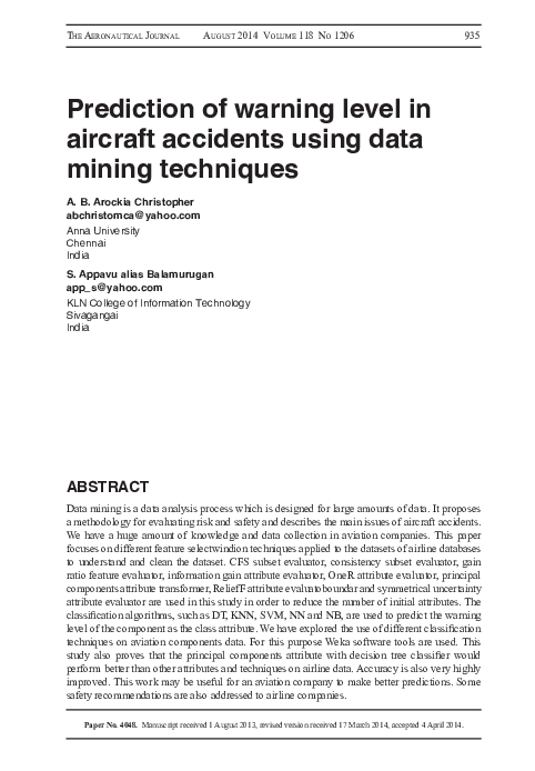 (PDF) Prediction of warning level in aircraft accidents using data mining techniques