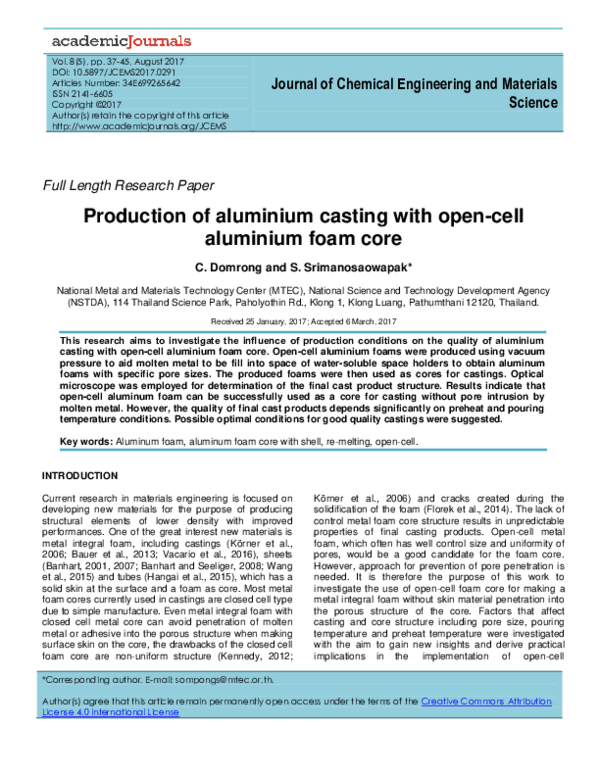(PDF) Production of aluminium casting with open-cell aluminium foam core