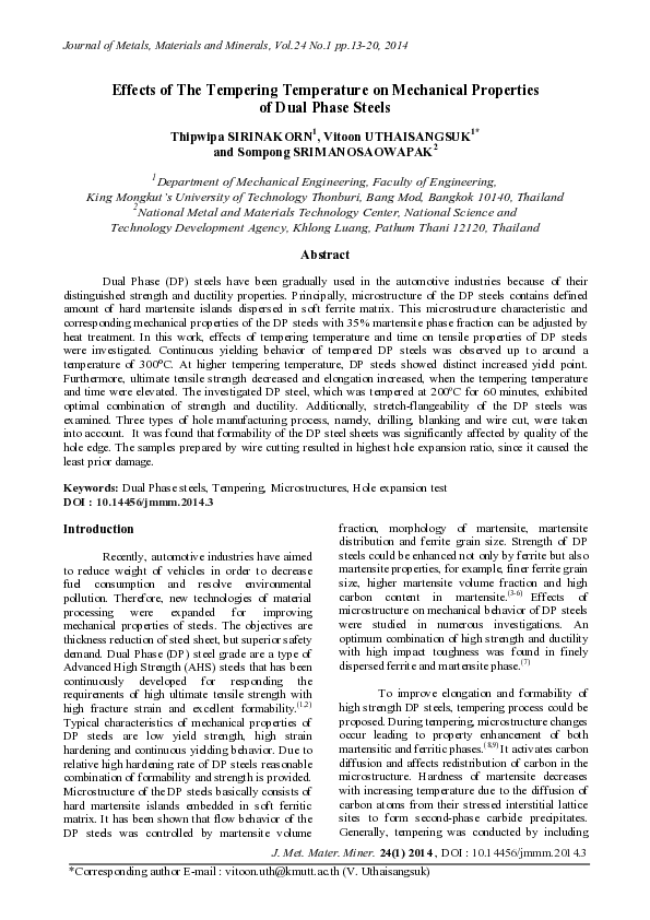 (PDF) Effects of the tempering temperature on mechanical properties of dual phase steels