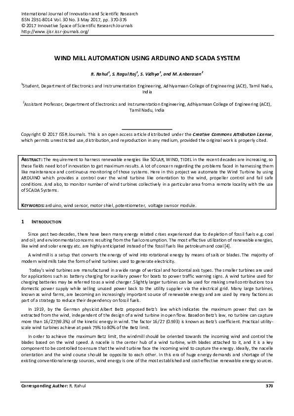 (PDF) Wind Mill Automation Using Arduino and Scada System