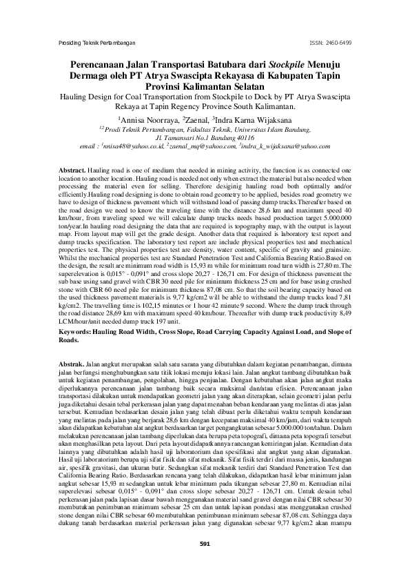 (PDF) Perencanaan Jalan Transportasi Batubara dari Stockpile Menuju Dermaga oleh PT Atrya ...