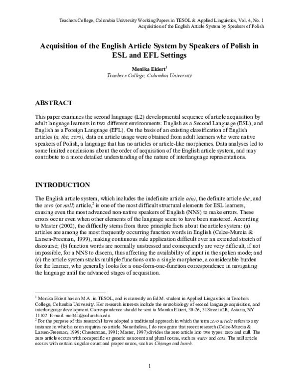 (PDF) Acquisition of the English Article System by Speakers of Polish ...