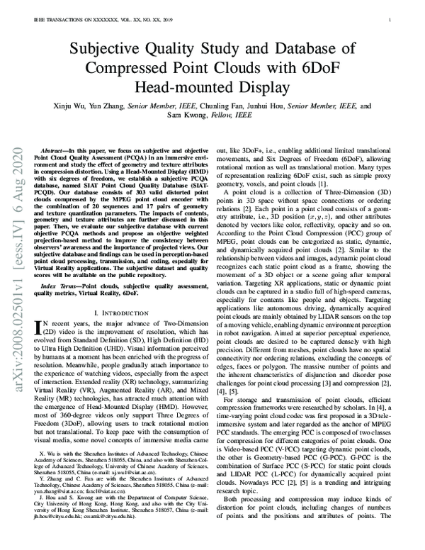 (PDF) Subjective Quality Study and Database of Compressed Point Clouds with 6DoF Head-mounted ...
